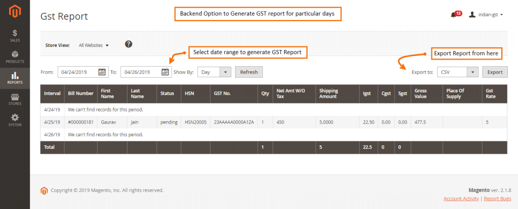 Gst Reports In Backend Support Portal For Magento Extensions And Services