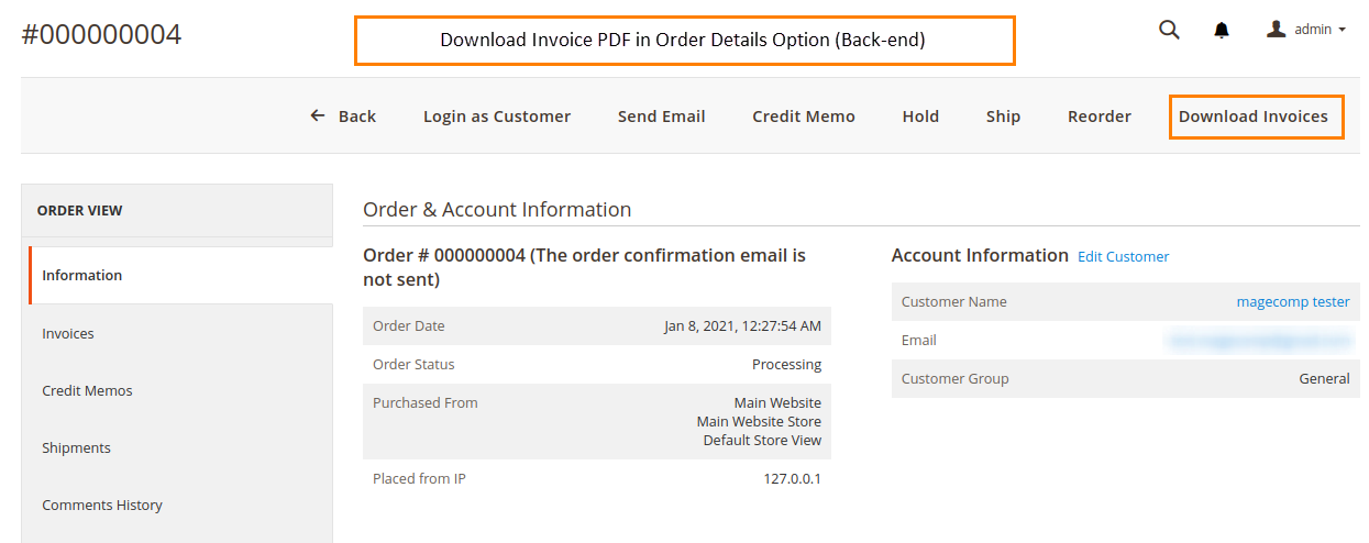 Backend Display of Download Invoice PDF Extension - Support Portal for Magento Extensions & Services